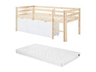 Vente-Unique Halbhohes Bett 90 x 190 cm - Mit Stauraum + Matratze - Kiefer & MDF - Natur/Weiß - LANIORI