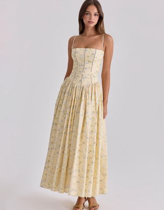 House of CB Ysabella - Robe d&eacute;t&eacute; mi-longue en coton &agrave; imprim&eacute; fleurs - Citron-Jaune