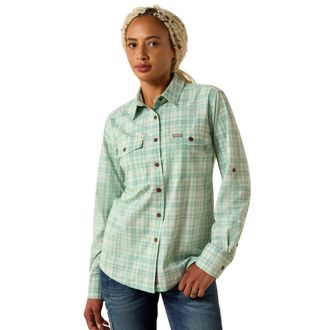Ariat Womens Rebar Made Tough DuraStretch Work Shirt Long Sleeve in Clearly Aqua Cotton, Size X-Large, by Ariat