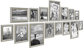 Photolini 15er Bilderrahmen-Collage Silber Barock Antik aus Kunststoff inklusive Zubehör/Foto-Collage/Bildergalerie/Bilderrahmen-Set