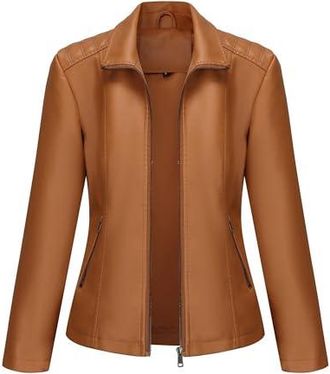 Generic Veste de moto en cuir synth&eacute;tique pour femme avec fermeture &eacute;clair - Tendance - Veste de sortie fine &agrave; fermeture &eacute;clair, camel, XXL