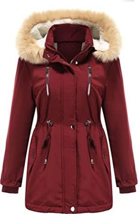 Onsoyours Manteau Femme Chaude Jacket à Manches Longues Capuchon en Fourrure dhiver Blouson Zippé Veste Parka Manteau Epaissé A Vin Rouge XXL