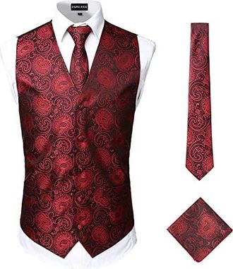 PARKLEES Ensemble classique 3 pi&egrave;ces pour homme avec gilet, cravate et poche &agrave; motif cachemire pour mariage, bal de fin dann&eacute;e, gilet pour costume ou smoking, 