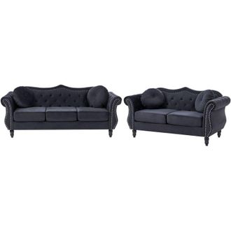 Beliani Sofa Set Schwarz Samtstoff Sitzgruppe Chesterfield Stil Retro Zierkissen Wohnzimmer