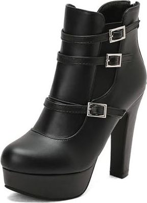Generic Bottines à plateforme pour femme triple boucle talon bloc haut bout rond chaussures gothiques avec fermeture éclair dans le dos, Noir, 40.5 EU