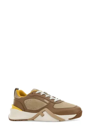 Fendi Mens Two-Tone Leather And Suede Fendi Flow Sneakers Walnuts
