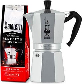 Bialetti 0001165/X4 Cafeti&egrave;re Italienne, Aluminium, Argent, 9 Tasses + Perfetto Moka Caf&eacute; Moulu Classico (Classic) Torr&eacute;faction Media 250 gr