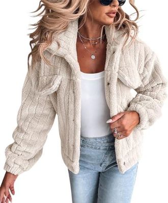 Onsoyours Veste Polaire Femme Manteaux Peluche R&eacute;chauffez Casual Manches Longues Bouton Cardigan &Eacute;paissir Blouson Fashion Chaud Coat Hiver A01 Beige S