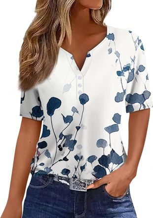 Generic Damen Kurzarm Bluse Sommer Blusen Elegant Tshirt Große Größen Shirts Oversize Tunika Blau