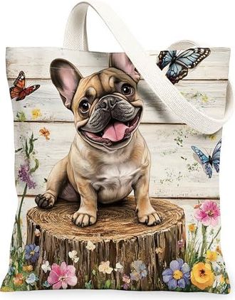 Generic Sac fourre-tout en toile de bouledogue fran&ccedil;ais pour le shopping, 33 x 38,1 cm, sac d&eacute;picerie r&eacute;utilisable pour femme, motif animal de compagnie, d&eacute;co