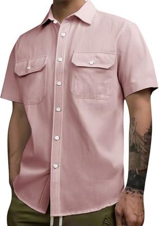 Generic Chemise cargo à manches courtes pour homme avec deux poches - Couleur unie - Haut de travail boutonné - Vêtements dextérieur, rose, M