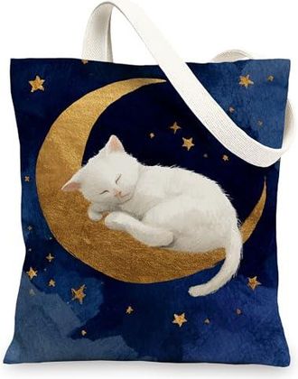 Generic Sacs fourre-tout en toile pour chat, motif lune et étoiles, sacs à provisions réutilisables, confortables, légers et lavables avec bandoulière, bleu, 