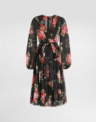 Dolce & Gabbana Kleid Aus Chiffon Mit Rosenbouquet-print - Frau Kleider Mehrfarbig 52