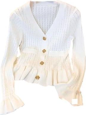 Generic Cardigan tricot&eacute; pr&eacute;coce pour femme - Motif trompette et feuille de lotus, blanc, Taille XS