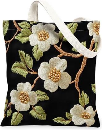Generic Sac fourre-tout en toile r&eacute;utilisable avec motif floral de pommes de printemps pour le shopping, 33 x 38,1 cm, style brod&eacute;, sac d&eacute;picerie pour femme, 