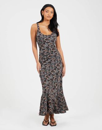 Brave Soul Robe longue et imprim&eacute;e &agrave; bretelles fines et encolure d&eacute;gag&eacute;e - Noir