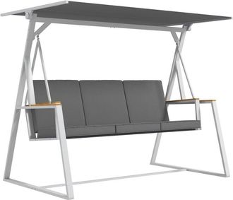 OUTSUNNY Balancelle de jardin design 3 places toit inclinaison r&eacute;glable matelas fourni acier blanc tissu gris fonc&eacute;