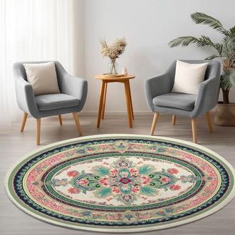 Generic Kaki Tapis Art D&eacute;co Rond Antid&eacute;rapant, Motif Cachemire Traditionnel Motif Doux Tapis Poils Courts pour Salon Couloir Chambre Cuisine Descente de Lit -