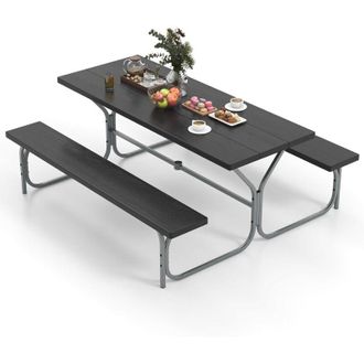 Costway Ensemble Table et Bancs de Pique-Nique avec Cadre M&eacute;tal, Ensemble de Jardin Imperm&eacute;able pour 8 Personnes Banc Charge 250KG Trou pour Parasol, 183 x