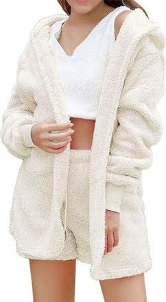 Generic Ensemble de pyjama dhiver pour femme - Ensemble de pyjama moelleux, couleur unie, vêtements de détente moelleux avec poches, vêtements de nuit tendanc