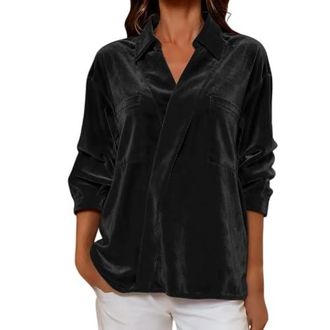 Generic Chemisier &agrave; col en velours noir pour femme, coupe ample, manches longues avec poches, haut habill&eacute; d&eacute;contract&eacute;, bureau, soir&eacute;e, printemps, automne, vi