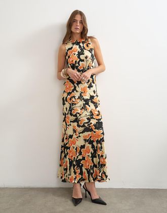 Topshop Midi-Kleid mit Racerback-Ausschnitt in Vintage-Blumenjacquard-Multi