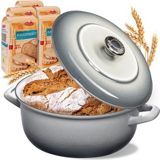 Bielmeier Gusseisen Brottopf Keramik 28 cm grau CLEAN Diamantglasur 5x Brotbackmischung Bauernbrot a 500 g
