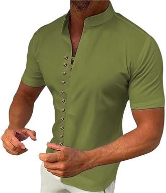 Generic Chemise en coton et lin pour homme - Chemisier dentra&icirc;nement en coton et lin - Col montant - Chemise &agrave; manches courtes - Cardigan l&eacute;ger pour homme, Ve