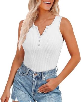 Generic Débardeurs pour femmes 2024 Décontracté sans manches Côtelé Slim Fit Shirts Front 3X Top Femmes, blanc, S