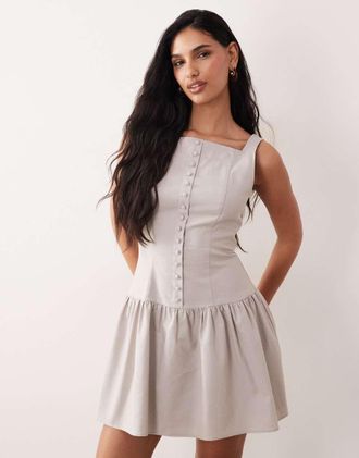 KAIIA Exklusives Leinenmix-Minikleid in Grau mit eckigem Ausschnitt und Knopfdetail