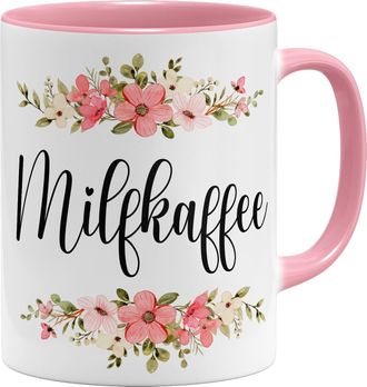 OM3 witzige Milfkaffee Kaffee-Tasse mit Spruch - Milf Blumig Kitschig - Keramik Becher - 11oz 325ml - Beidseitig Bedruckt - Rosa