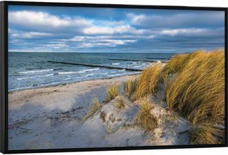 artboxONE Poster mit schwarzem Rahmen 30x20 cm Natur Strand in Ahrenshoop - Bild k&uuml;ste blau buhne