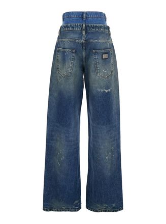 Dolce & Gabbana Womens Blue Layered Design Distressed Jeans Cotton