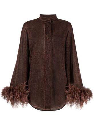 Os&eacute;ree blouse &agrave; d&eacute;tails de plumes - Marron