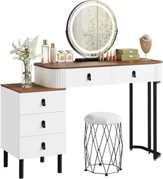 Woltu Coiffeuse avec Miroir LED Réglable, Coiffeuse avec 2 Tiroirs et 1 Commode, Miroir Pivotant et Amovible, Effet de Bois Marron orangé