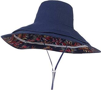 Eozy Chapeau Bob Femme Capeline Été Extra-Large Bord Amovible Chapeau de Seau Anti-UV avec Mentonnière Double Face Imprimé pour Plage Vayage Pêche