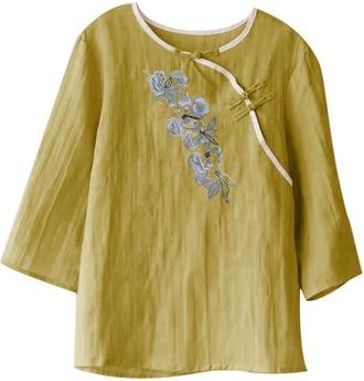 Generic Chemise en lin &agrave; manches 3/4 pour femme - Coton et lin - Motif floral brod&eacute; - Tunique d&eacute;t&eacute; d&eacute;contract&eacute;e pour la plage et les vacances, jaune, 4XL