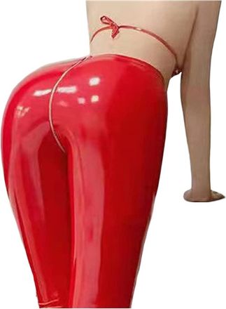 ORANDESIGNE Damen Leggings Lederoptik Hose Stretch PU Lederhose Skinny Kunstleder Leggins Strumpfhose Hohe Taille Bleistifthose Freizeithose Treggings R Rot 3XL