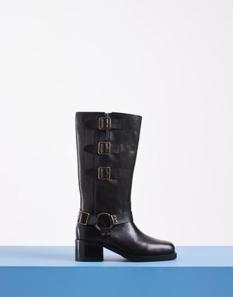 Bronx Ky-ley Schlupf-Kniestiefel mit Harness aus Vintage-Schwarzleder