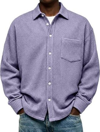 Generic Fccrian Chemise gaufr&eacute;e pour homme et adulte, chemise boutonn&eacute;e &agrave; manches longues, couleur unie, chemise &agrave; revers vintage, d&eacute;contract&eacute;e et de travail 