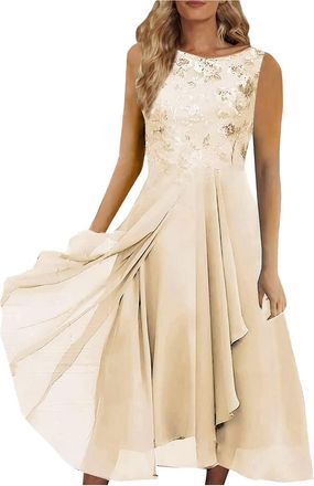 Generic Sommerkleid Damen Knielang Chiffon Kleid V-Ausschnitt Partykleid mit Spizen ärmellos Abendkleid Hoch Taille Vintage Swing Brautkleid Elegant A-Line Kl