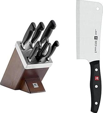 Zwilling Selbstschärfender Messerblock, 7-tlg, Holzblock, Messer und Schere & Hackmesser, Klingenlänge: 15 cm, Breites Klingenblatt, Rostfreier Spezialstahl/Ku