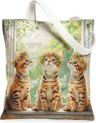 Generic Sac fourre-tout en toile motif chat du Bengale printanier pour faire du shopping, 33 x 38,1 cm, sac d&eacute;picerie r&eacute;utilisable pour femme, peinture esth&eacute;t