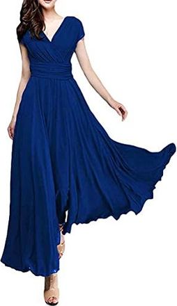 ORANDESIGNE Robe de Soirée pour Mariage Demoiselle dhonneur Manches Courtes Taille Empire A-Line Tulle Longue Femm A Bleu M