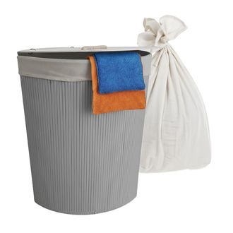 Relaxdays Eckw&auml;schekorb mit Deckel, Bambus, 80 l, Faltbarer W&auml;schesammler, HxBxT: 60 x 36 x 36 cm, W&auml;schekorb Ecke, grau