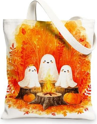 Generic Sacs fourre-tout en toile motif fantômes fantaisie, sacs dépicerie réutilisables, légers et lavables avec bandoulière en toile B, blanc, 13x15 Inch