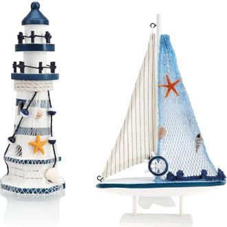 Com-Four Ensemble de décoration Maritime 2 pièces - Voilier et Phare décoratifs en Bois pour Une Ambiance Maritime dans Votre Maison (02 pièces - Voilier + Pha