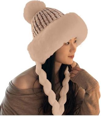 Generic Bonnet Femme Hiver Bonnet Femme Chapeau Femme Hiver Confortable Classique - Bonnet Faux Pompon Hiver, Cache-Oreilles Tricot&eacute;s, Chaud pour Ext&eacute;rieur, S