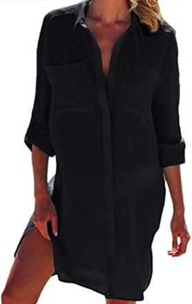 QIYUN.Z Femmes Deux Poches Bouton Cach&eacute; Plage Bikini Protection Solaire Chemise &Agrave; Manches Longues Plage Blouse Noir Taille Unique