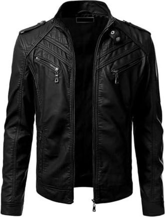 Generic Veste en cuir noir pour homme : vestes de moto en cuir r&eacute;tro d&eacute;contract&eacute; slim col montant veste de motard blouson bomber en cuir synth&eacute;tique pour homm